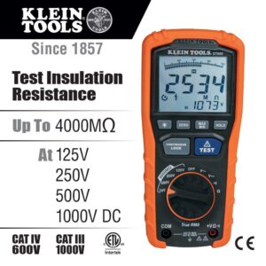 Klein Tools ET600 Multimeter, Megohmmeter Insulation Tester, 4000 Ohms Resistance, 125V/250V/500V/1000V, Auto-Ranging TRMS Multimeter & 69417 Rare-Earth Magnetic Hanger, with Strap