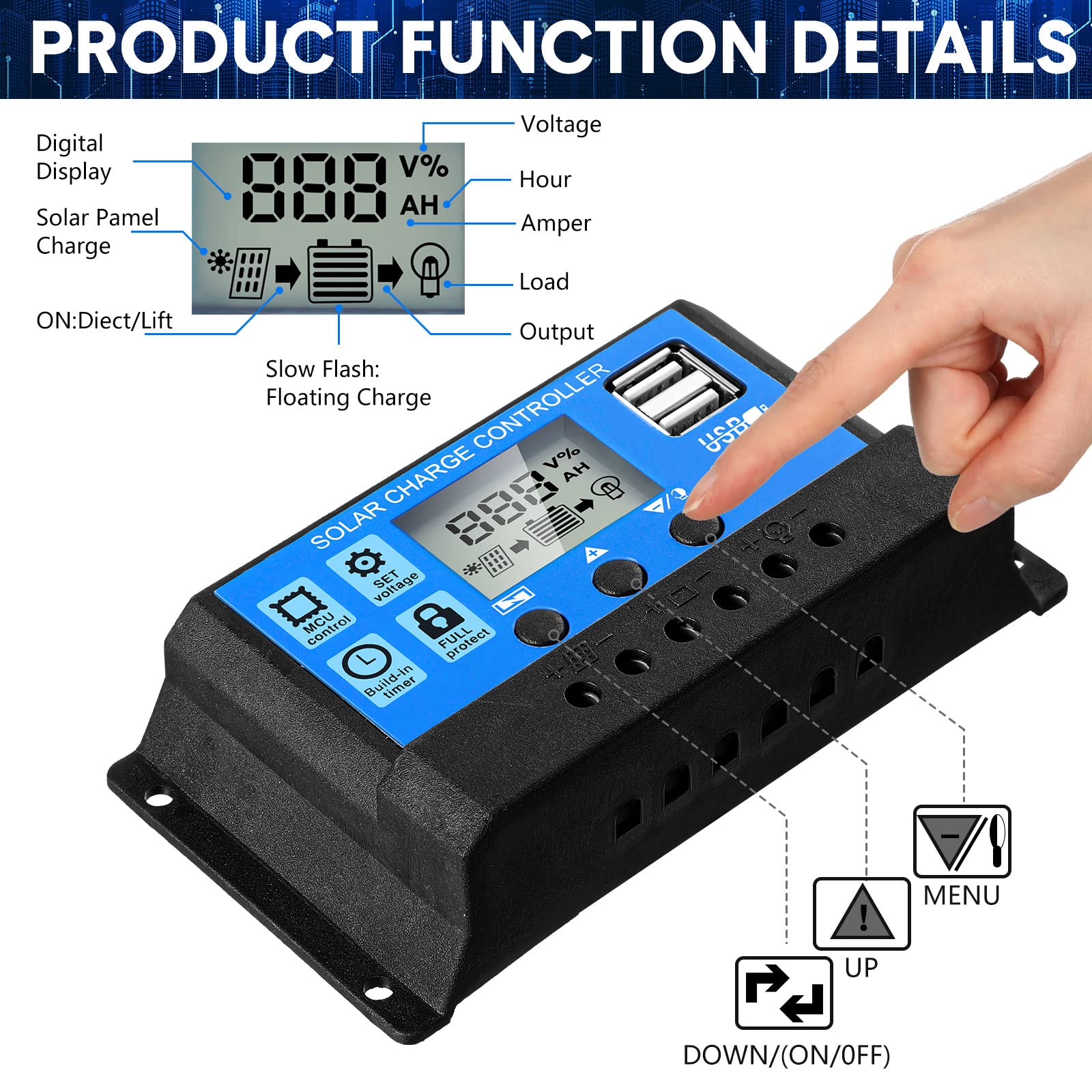 Solar Battery Controller 12v/24v Solar Panel Charge Controller Ground Solar Panel Controller Regulator with Adjustable LCD Display and Dual USB Port Timer Setting PWM Auto Parameter(2 Pieces,30A)