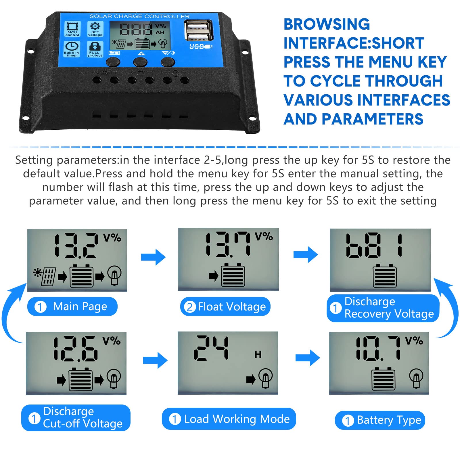 Solar Battery Controller 12v/24v Solar Panel Charge Controller Ground Solar Panel Controller Regulator with Adjustable LCD Display and Dual USB Port Timer Setting PWM Auto Parameter(2 Pieces,30A)