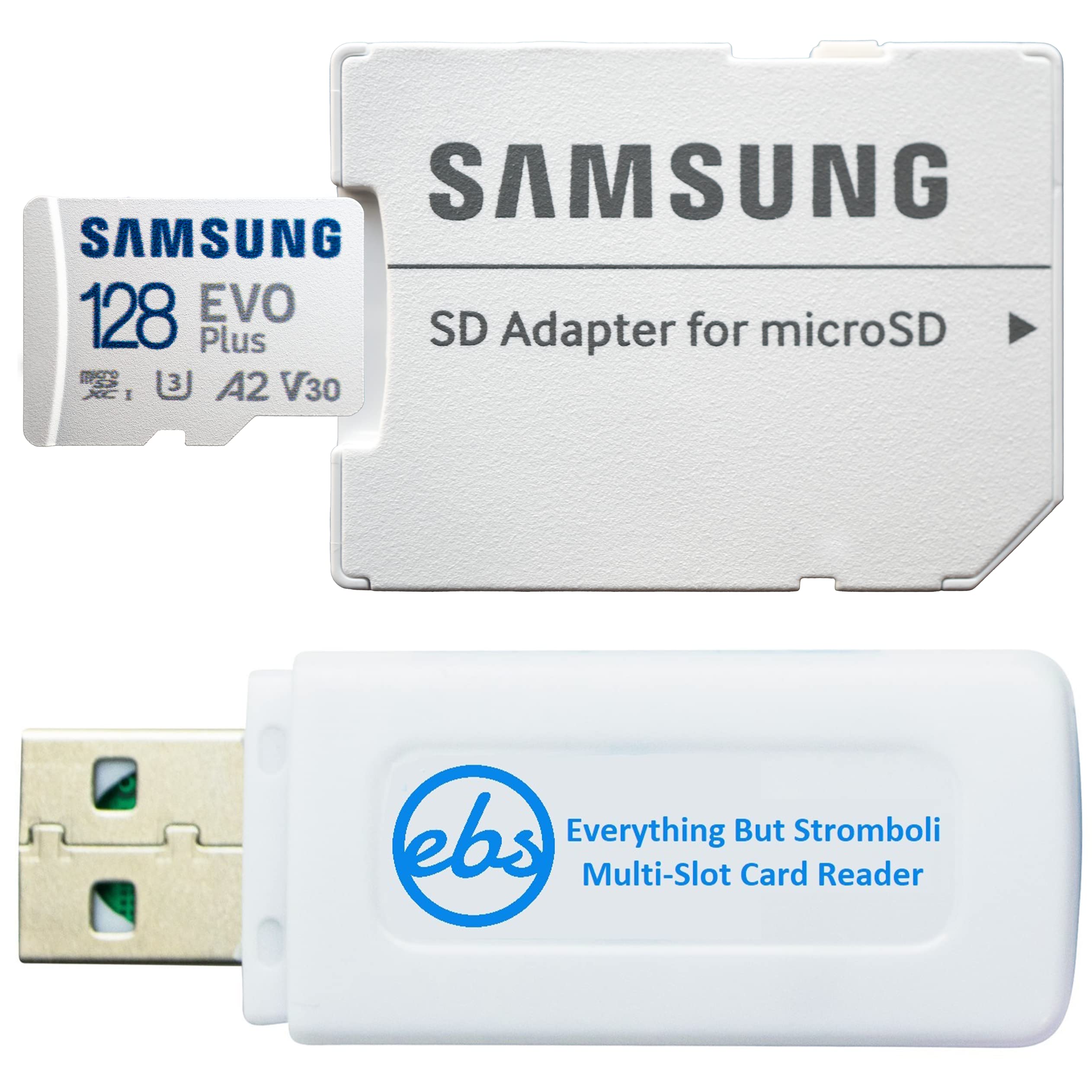 Samsung 128GB SDXC Micro EVO Plus Memory Card with Adapter Works with Samsung Phone A52s 5G, A22 5G, A13 5G (MB-MC128) Class 10 U3 A2 V30 Bundle with (1) Everything But Stromboli TF & SD Card Reader