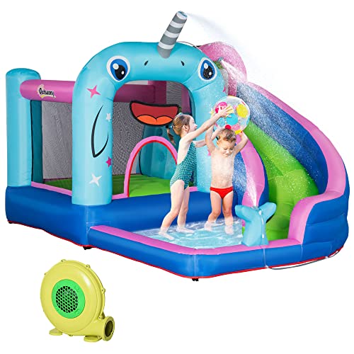 Outsunny 5-in-1 Inflatable Water Slide, Narwhal Theme Bounce House with Climbing Wall, Water Cannon, Water Pool, Trampoline, Repair Patch and 450W Air Blower