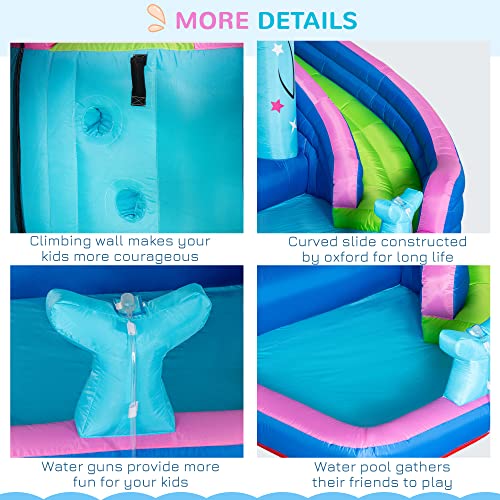 Outsunny 5-in-1 Inflatable Water Slide, Narwhal Theme Bounce House with Climbing Wall, Water Cannon, Water Pool, Trampoline, Repair Patch and 450W Air Blower