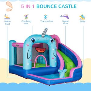 Outsunny 5-in-1 Inflatable Water Slide, Narwhal Theme Bounce House with Climbing Wall, Water Cannon, Water Pool, Trampoline, Repair Patch and 450W Air Blower