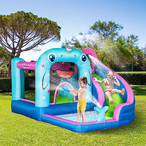 Outsunny 5-in-1 Inflatable Water Slide, Narwhal Theme Bounce House with Climbing Wall, Water Cannon, Water Pool, Trampoline, Repair Patch and 450W Air Blower