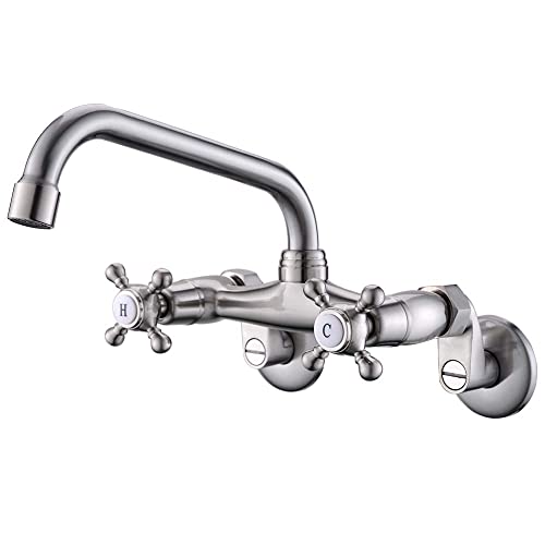 Wesliv Brushed Nickel Wall Mount Kitchen Faucet Double Cross Handle Commercial 3 Inch to 9 Inch Adjustable Spread Mixer Tap with 9 inch Spout Reach, Hot and Cold Water Mixer Tap 360 Rotatable Faucet