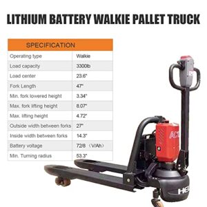 HPDMC Full Electric Powered Pallet Jack 3300lbs. Wt. Cap, Material Handling Lithium Battery Walker Pallet Truck 47"x27" Fork Size Used for Material Handling