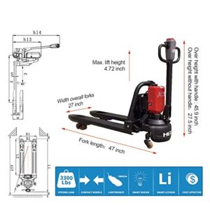 HPDMC Full Electric Powered Pallet Jack 3300lbs. Wt. Cap, Material Handling Lithium Battery Walker Pallet Truck 47"x27" Fork Size Used for Material Handling