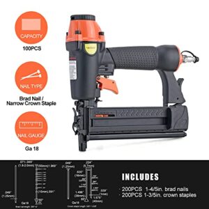 DOTOOL 18 Gauge Pneumatic Brad Nailer 2-in-1 Nail Accepts 5/8 to 2 Inch Brad Nails and 5/8 to 1-5/8 Inch Crown Staples Tool-Free Air-powered Nail Gun Safety Glasses for Carpentry Uphostery Woodworking