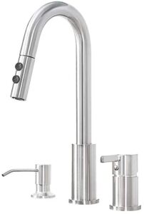 3 hole kitchen faucet, single handle stainless steel kitchen faucets with pull down sprayer, 2 hole widespread kitchen sink faucet with soap dispenser, brushed nickel kmf025l