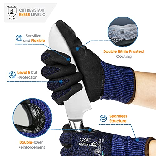 ANDANDA Cut Resistant Gloves Level 5, 3D Comfort Stretch Fit, Nitrile Sandy Finish Double Coated Work Gloves with Power Grip, Ideal Work Gloves for Handle Glass & Sharp Metal, Blue（L）,1Pair