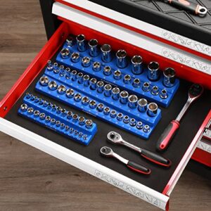 CASOMAN Magnetic Socket Organizer, 3 Piece Socket Holder Kit, 1/2-inch, 3/8-inch, 1/4-inch Drive, Holds 75 Metric Sockets, Blue Color, Professional Quality Tools Organizer, Socket Not Included