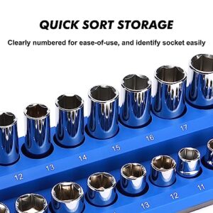 CASOMAN Magnetic Socket Organizer, 3 Piece Socket Holder Kit, 1/2-inch, 3/8-inch, 1/4-inch Drive, Holds 75 Metric Sockets, Blue Color, Professional Quality Tools Organizer, Socket Not Included