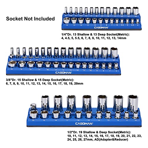 CASOMAN Magnetic Socket Organizer, 3 Piece Socket Holder Kit, 1/2-inch, 3/8-inch, 1/4-inch Drive, Holds 75 Metric Sockets, Blue Color, Professional Quality Tools Organizer, Socket Not Included