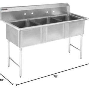 Stainless Steel Commercial Kitchen Sink - DuraSteel 3 Compartment Utility Sink w/Cross Bracing Legs - Triple 24" x 24" x 12" Bowl Size - For Restaurant, Laundry, Garage & Backyard - NSF Certified