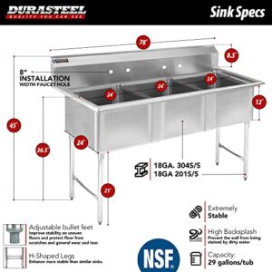 Stainless Steel Commercial Kitchen Sink - DuraSteel 3 Compartment Utility Sink w/Cross Bracing Legs - Triple 24" x 24" x 12" Bowl Size - For Restaurant, Laundry, Garage & Backyard - NSF Certified