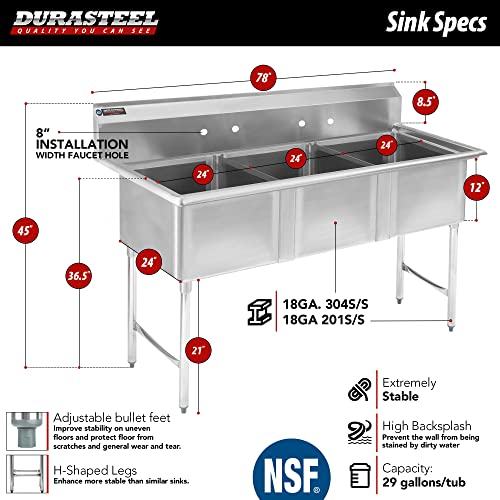 Stainless Steel Commercial Kitchen Sink - DuraSteel 3 Compartment Utility Sink w/Cross Bracing Legs - Triple 24" x 24" x 12" Bowl Size - For Restaurant, Laundry, Garage & Backyard - NSF Certified