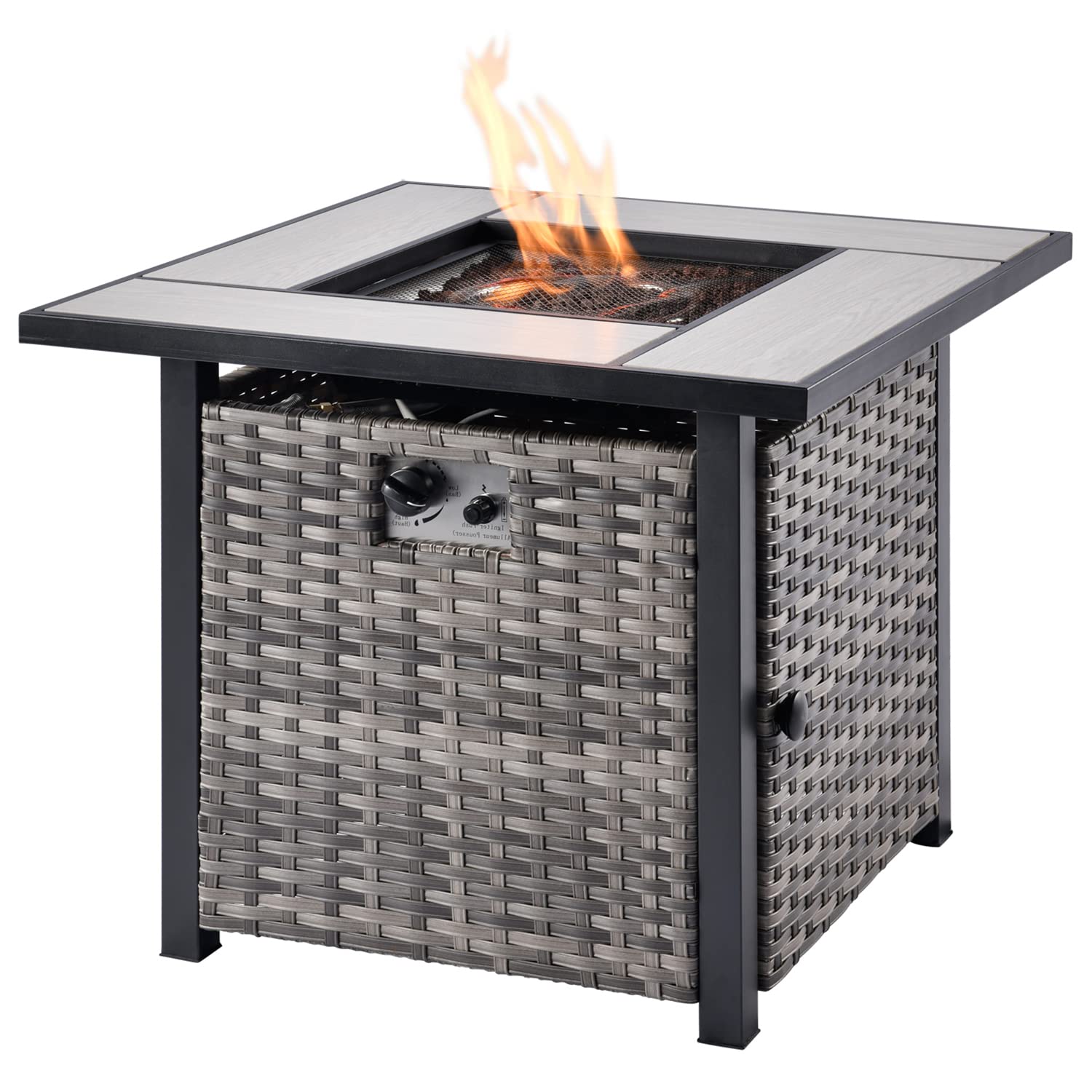 XIZZI 30 Inch Gas Fire Pit Table,50,000 BTU Stainless Steel Fire Table with Lid and Volcanic Rock, All Weather Wicker Outdoor Square Propane Fire Pits for Outside,30 * 30 * 25 Inches Grey Wicker