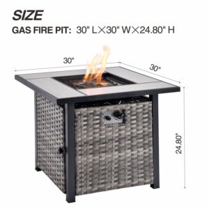 XIZZI 30 Inch Gas Fire Pit Table,50,000 BTU Stainless Steel Fire Table with Lid and Volcanic Rock, All Weather Wicker Outdoor Square Propane Fire Pits for Outside,30 * 30 * 25 Inches Grey Wicker