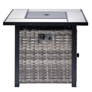 XIZZI 30 Inch Gas Fire Pit Table,50,000 BTU Stainless Steel Fire Table with Lid and Volcanic Rock, All Weather Wicker Outdoor Square Propane Fire Pits for Outside,30 * 30 * 25 Inches Grey Wicker