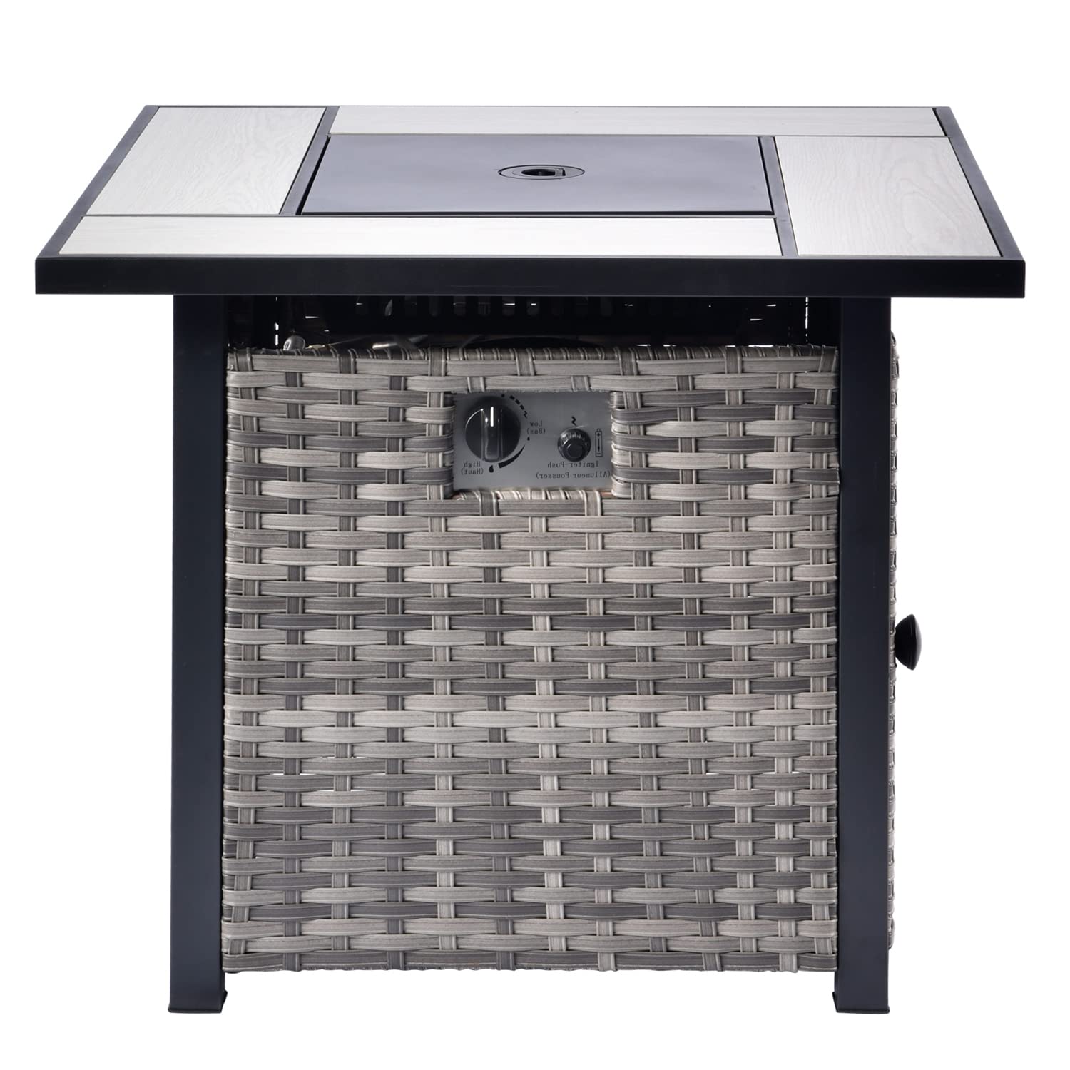 XIZZI 30 Inch Gas Fire Pit Table,50,000 BTU Stainless Steel Fire Table with Lid and Volcanic Rock, All Weather Wicker Outdoor Square Propane Fire Pits for Outside,30 * 30 * 25 Inches Grey Wicker