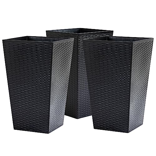 Outsunny Set of 3 Tall Planters with Drainage Hole, Outdoor Flower Pots, Indoor Planters for Porch, Front Door, Entryway, Patio and Deck, Black