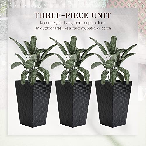 Outsunny Set of 3 Tall Planters with Drainage Hole, Outdoor Flower Pots, Indoor Planters for Porch, Front Door, Entryway, Patio and Deck, Black