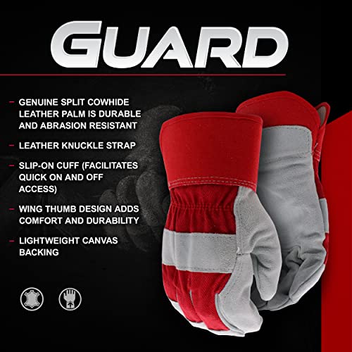 Boss Men's Guard Split Cowhide Leather Palm Work Gloves, Safety Cuff, Leather Knuckle Strap, Wing Thumb, Abrasion Resistant, Red/Gray, X-Large (B71011-XL)