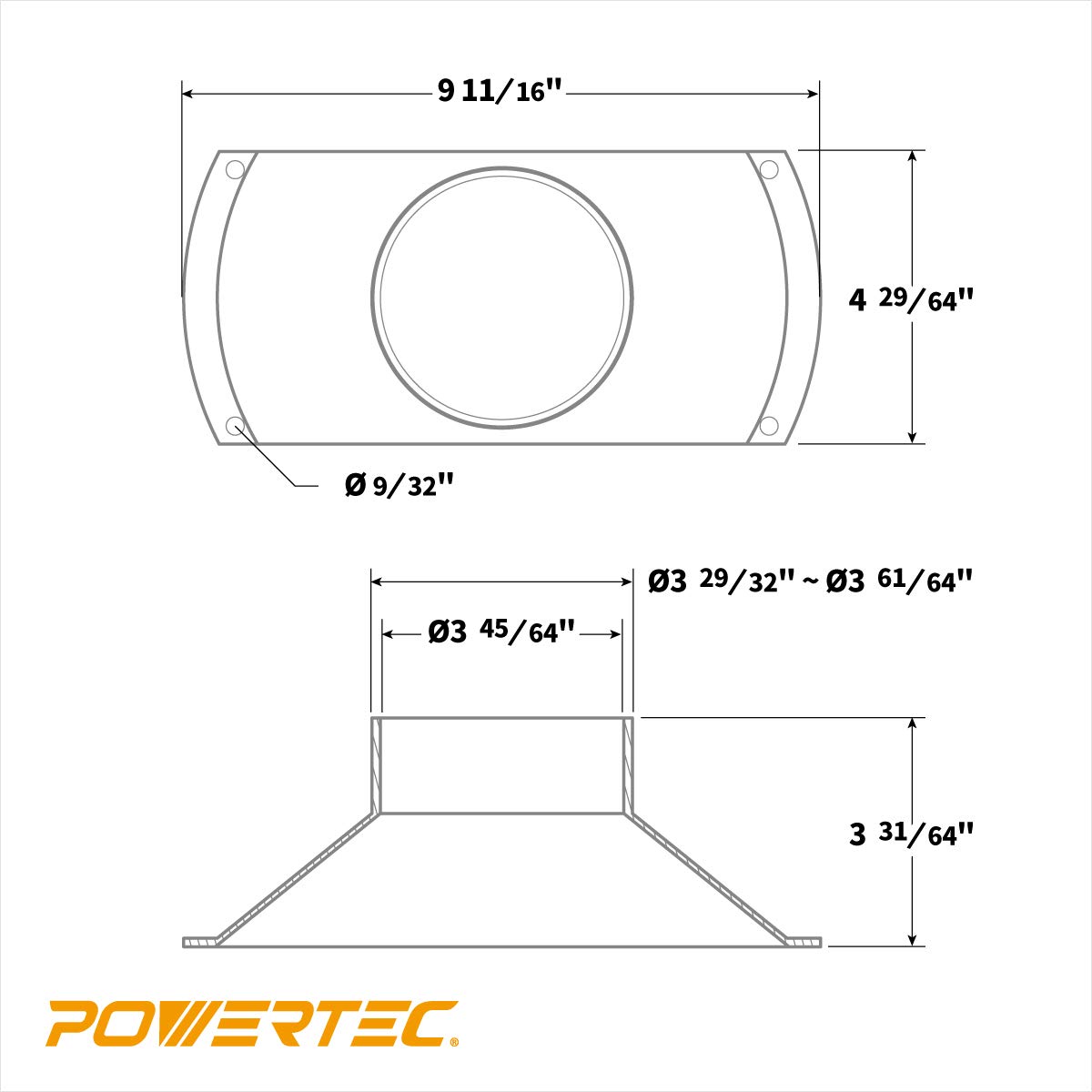 POWERTEC 70150V Rectangular Dust Hood for 4 in. OD Attachment, for Woodworking Dust Collection Hose and Fittings