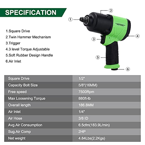 Dotool Air Impact Wrench 1/2 Inch Square Drive Heavy Duty 880 ft-Lbs Max Loosening Torque Output Pneumatic Impact Wrench Twin Hammer 7800RPM for Automobile Repair