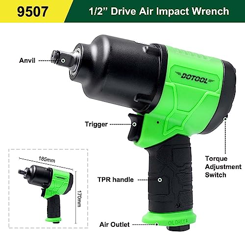 Dotool Air Impact Wrench 1/2 Inch Square Drive Heavy Duty 880 ft-Lbs Max Loosening Torque Output Pneumatic Impact Wrench Twin Hammer 7800RPM for Automobile Repair