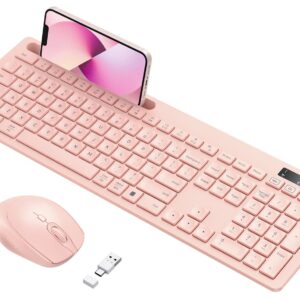 Wireless Keyboard and Mouse for MacBook, Vivefox Pink Wireless Keyboard with Phone Holder USB A & Type C Receiver Rose Gold Keyboard and Mouse for Windows, Mac, MacBook/Air/Pro Computer