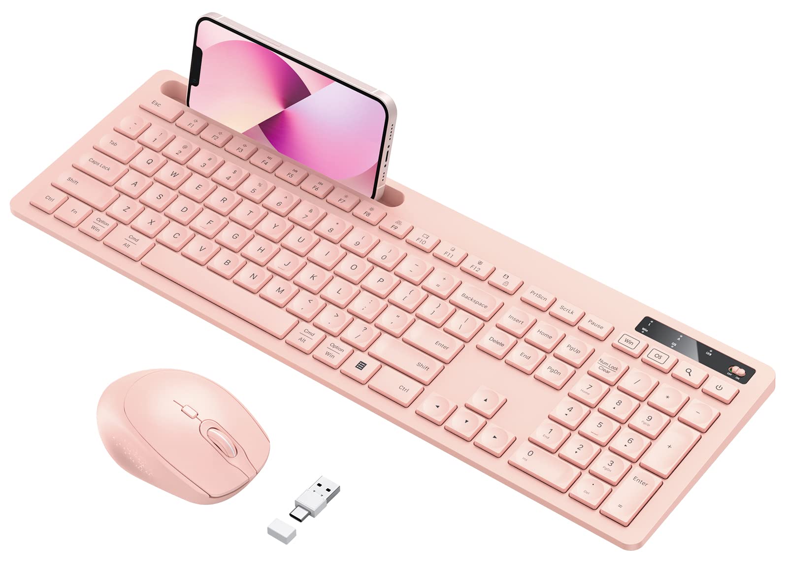 Wireless Keyboard and Mouse for MacBook, Vivefox Pink Wireless Keyboard with Phone Holder USB A & Type C Receiver Rose Gold Keyboard and Mouse for Windows, Mac, MacBook/Air/Pro Computer