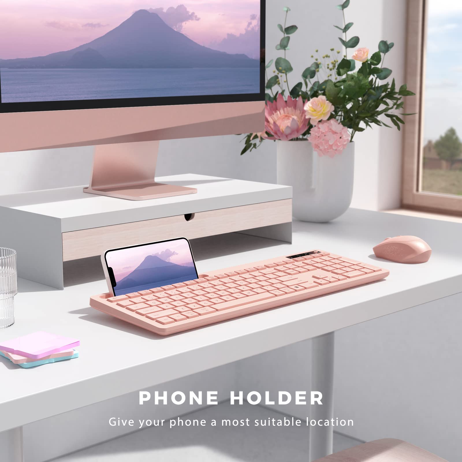 Wireless Keyboard and Mouse for MacBook, Vivefox Pink Wireless Keyboard with Phone Holder USB A & Type C Receiver Rose Gold Keyboard and Mouse for Windows, Mac, MacBook/Air/Pro Computer