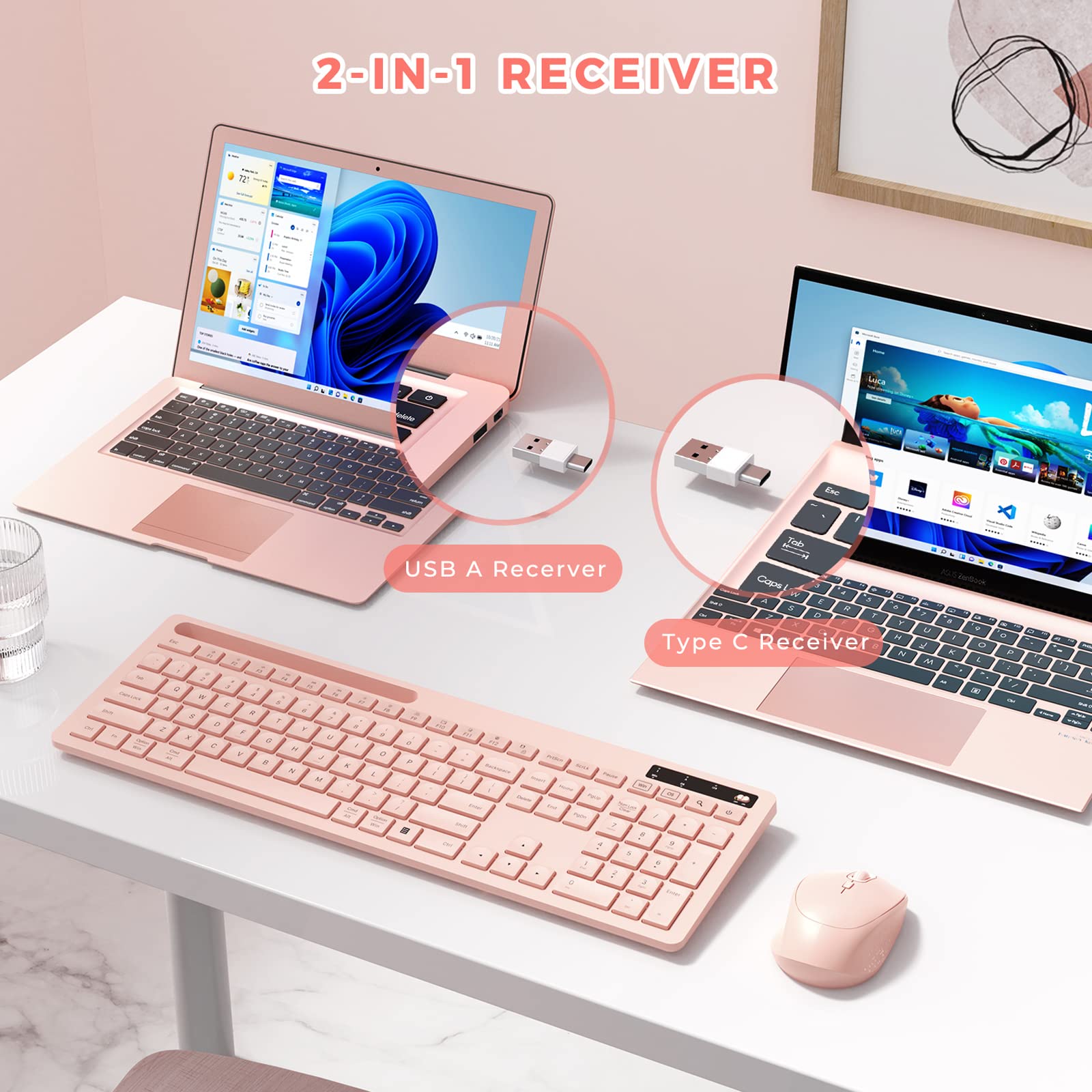 Wireless Keyboard and Mouse for MacBook, Vivefox Pink Wireless Keyboard with Phone Holder USB A & Type C Receiver Rose Gold Keyboard and Mouse for Windows, Mac, MacBook/Air/Pro Computer