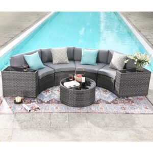 sunsitt outdoor patio furniture sectional 7-piece half-moon curved outdoor sofa set with round coffee table, 4 pillows & waterproof cover, grey rattan