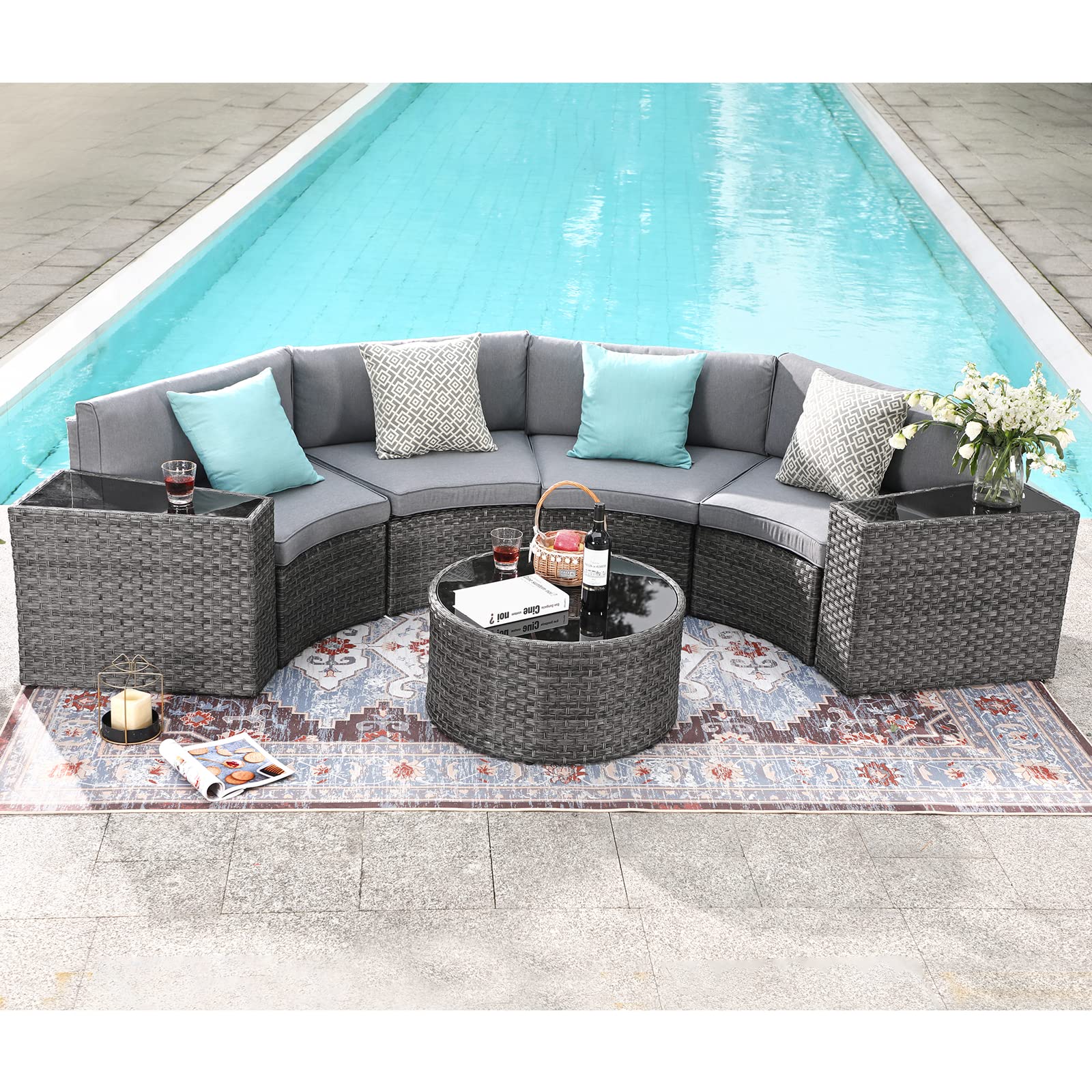 SUNSITT Outdoor Patio Furniture Sectional 7-Piece Half-Moon Curved Outdoor Sofa Set with Round Coffee Table, 4 Pillows & Waterproof Cover, Grey Rattan