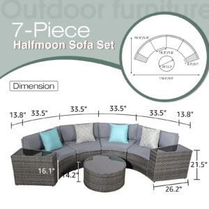 SUNSITT Outdoor Patio Furniture Sectional 7-Piece Half-Moon Curved Outdoor Sofa Set with Round Coffee Table, 4 Pillows & Waterproof Cover, Grey Rattan