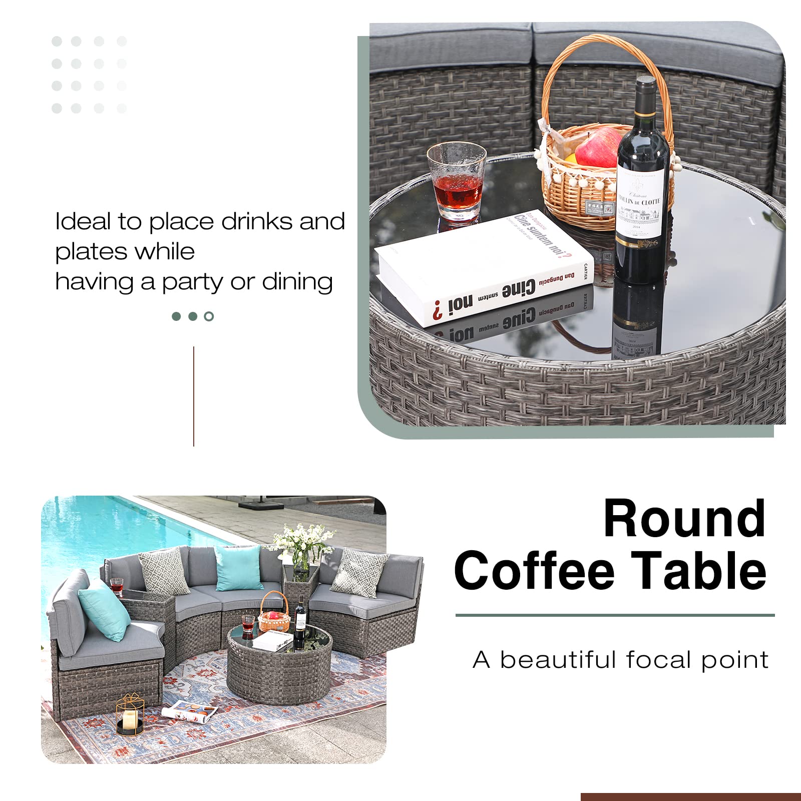 SUNSITT Outdoor Patio Furniture Sectional 7-Piece Half-Moon Curved Outdoor Sofa Set with Round Coffee Table, 4 Pillows & Waterproof Cover, Grey Rattan