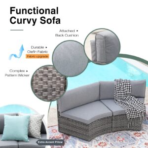 SUNSITT Outdoor Patio Furniture Sectional 7-Piece Half-Moon Curved Outdoor Sofa Set with Round Coffee Table, 4 Pillows & Waterproof Cover, Grey Rattan