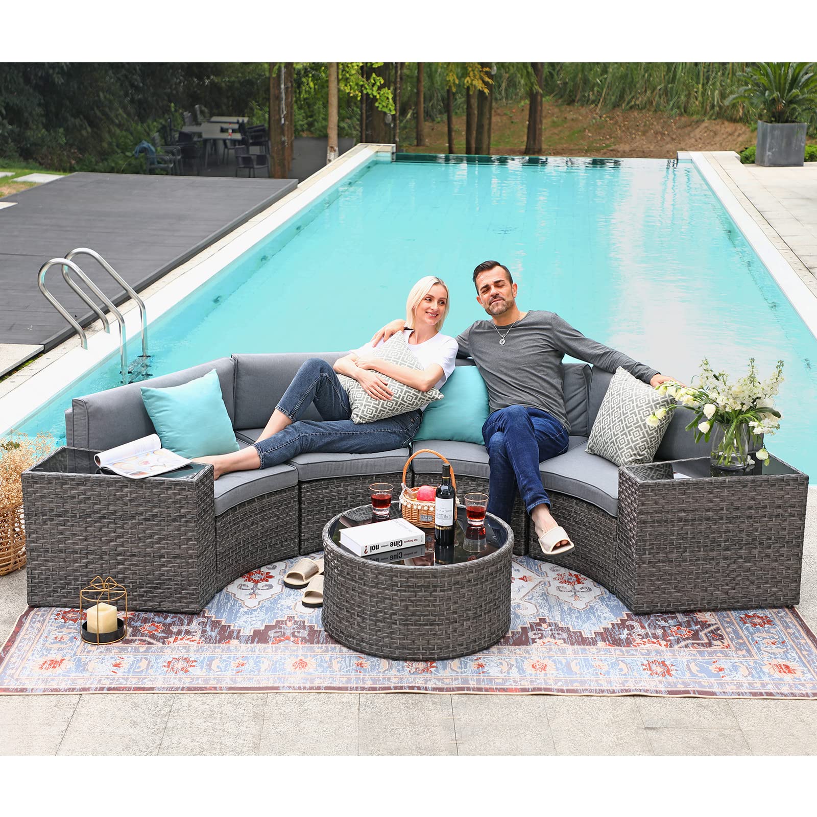 SUNSITT Outdoor Patio Furniture Sectional 7-Piece Half-Moon Curved Outdoor Sofa Set with Round Coffee Table, 4 Pillows & Waterproof Cover, Grey Rattan