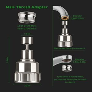 Faucet Sprayer Attachment, Big Angle Swivel Kitchen Faucet Aerator,Sink Faucet Head Replacement, 5 Spray Models, 55/64-27UNS Famale Thread, Male Thread Adapter included, Brushed Nickel