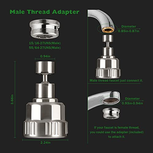 Faucet Sprayer Attachment, Big Angle Swivel Kitchen Faucet Aerator,Sink Faucet Head Replacement, 5 Spray Models, 55/64-27UNS Famale Thread, Male Thread Adapter included, Brushed Nickel