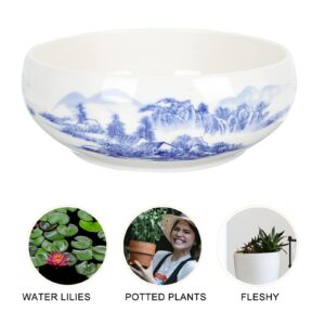 Hemoton Large Round Succulent Planter Pot Blue and White Porcelain Plant Pot Ceramic Flowerpot Hydroponic Plant Container Glazed Ceramic Bonsai Pots Narcissus Water Lily Bowl, A