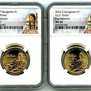 2022 P D Sacagawea ELY S. PARKER $1 Dollar Matched 2-COIN SET FIRST RELEASES NGC Dollar NGC MS66