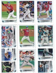 miami marlins / 2022 topps baseball team set (series 1 and 2) with (23) cards. plus 2021 topps marlins baseball team set (series 1 and 2) with (25) cards. ***includes (3) additional bonus marlins cards! ***