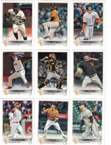 san francisco giants / 2022 topps baseball team set (series 1 and 2) with (20) cards. plus 2021 topps giants baseball team set (series 1 and 2) with (22) cards. ***includes (3) additional bonus cards of former giants greats will clark, darrell evans and m