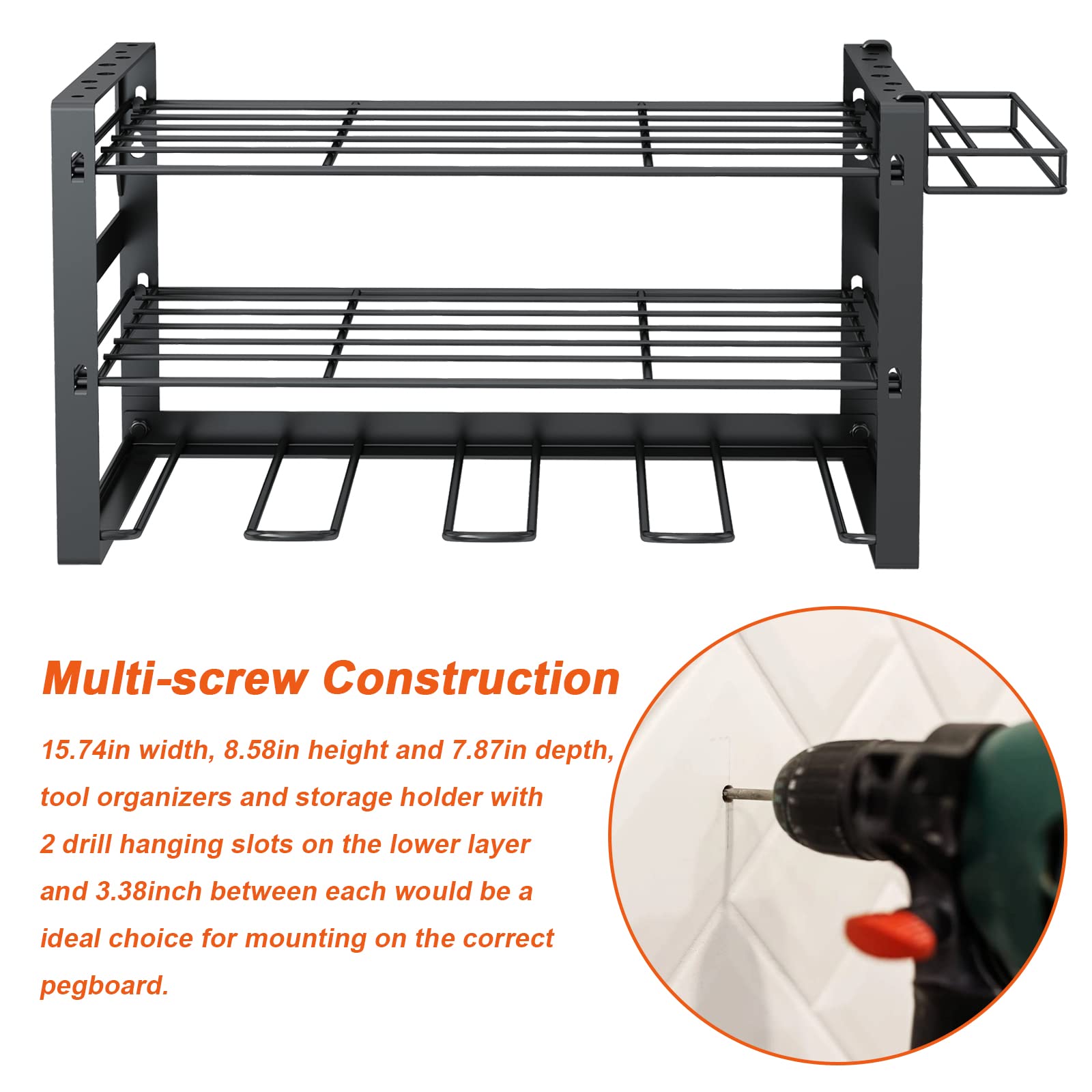 Power Tool Organizer Heavy Duty Floating Tool Shelf 3 Layers Metal Power Tool Holder Organization Garage Wall Mounted Utility Storage Rack for Cordless Drill Charging Station Screwdriver