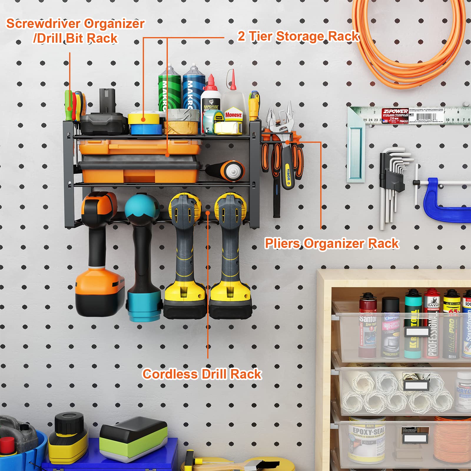 Power Tool Organizer Heavy Duty Floating Tool Shelf 3 Layers Metal Power Tool Holder Organization Garage Wall Mounted Utility Storage Rack for Cordless Drill Charging Station Screwdriver