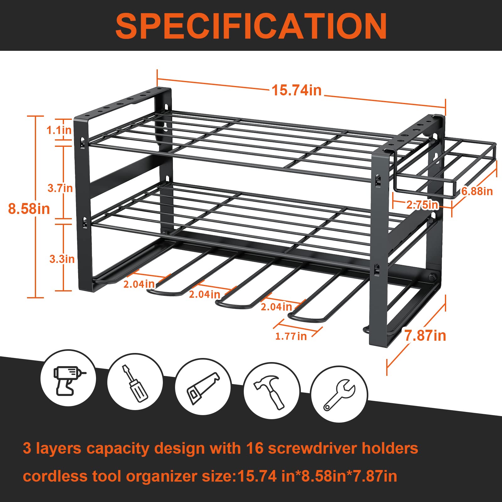 Power Tool Organizer Heavy Duty Floating Tool Shelf 3 Layers Metal Power Tool Holder Organization Garage Wall Mounted Utility Storage Rack for Cordless Drill Charging Station Screwdriver