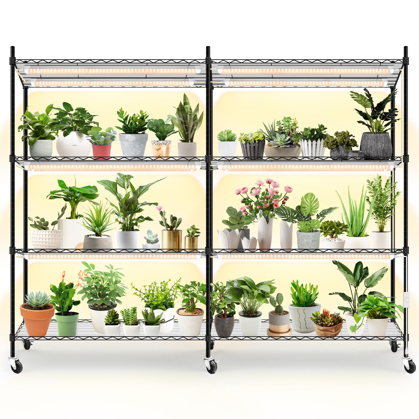 Bstrip Plant Shelf with Grow Light, 4-Tier Large Grow Light Shelf with Wheels, Stainless Steel, 12-Pack 288W T8 Full Spectrum Grow Lights for Seed Starting(57.4" L x 13.8" W x 59" H)